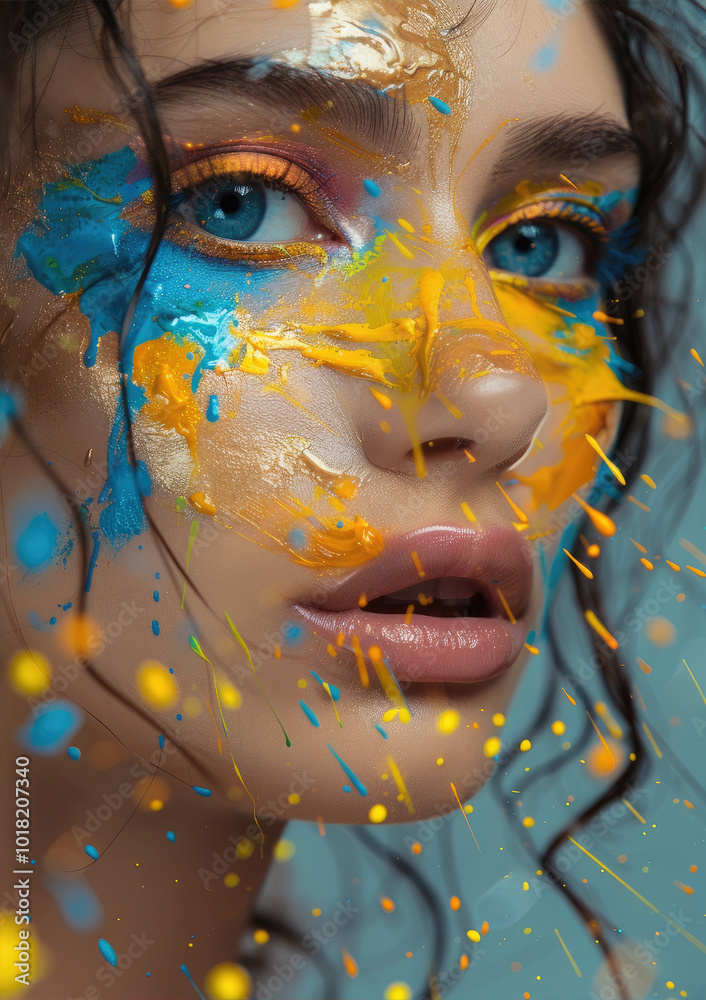 Expressive portrait of a woman with dynamic paint patterns, suitable ...