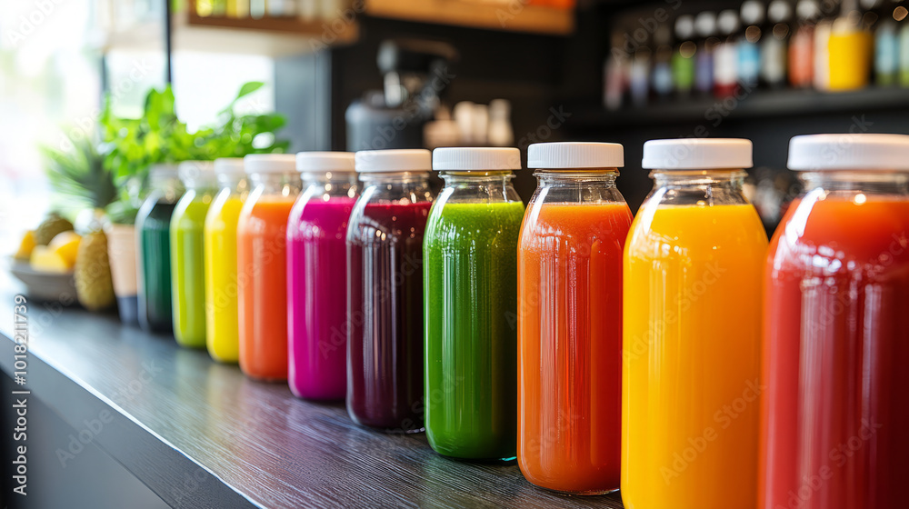 A juice shop counter featuring a variety of cold-pressed juices in ...