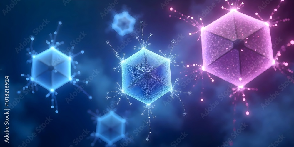 Floating hexagonal polygons in vibrant blue and purple magnetic energy ...
