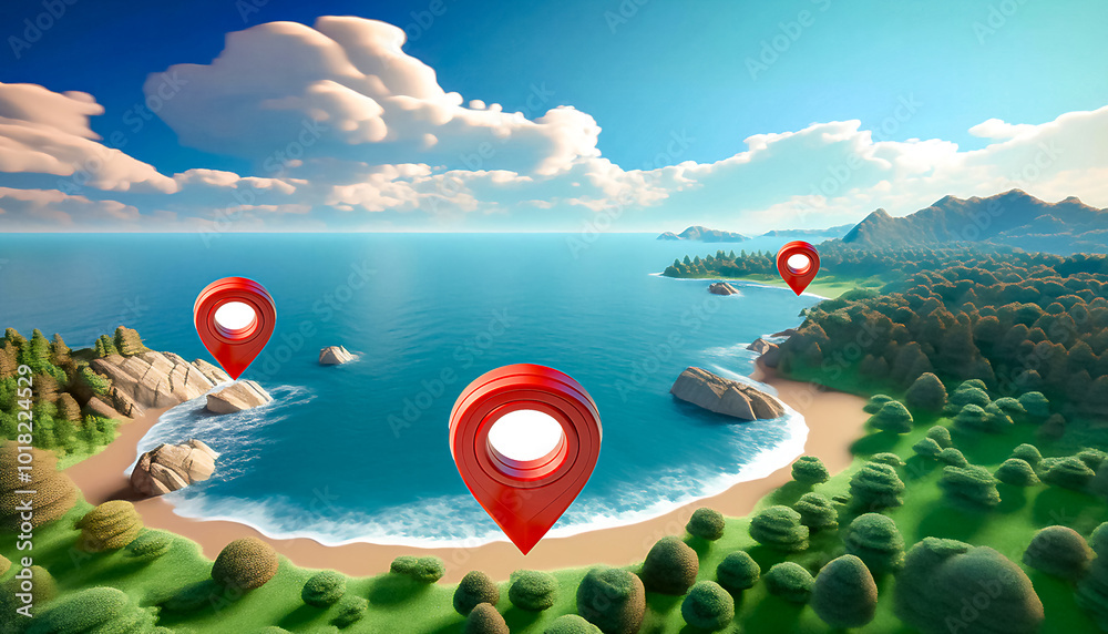 3d map of coast with a red map pin location button resting on cities ...
