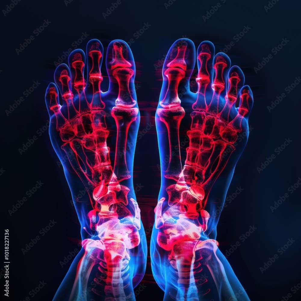 Detailed X-ray visualization of human feet showing bones, joints, and ...