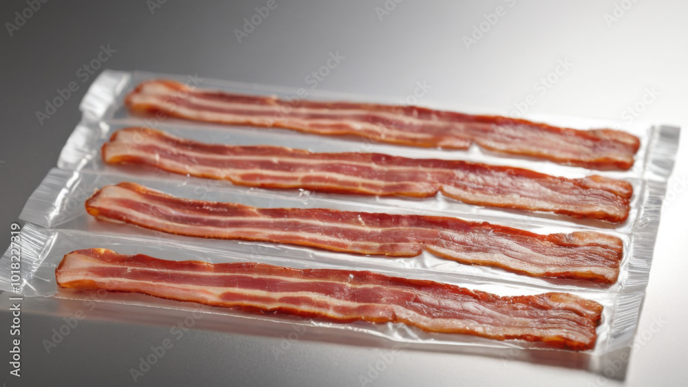 A stack of fresh bacon slices on a smooth background. This image is ...