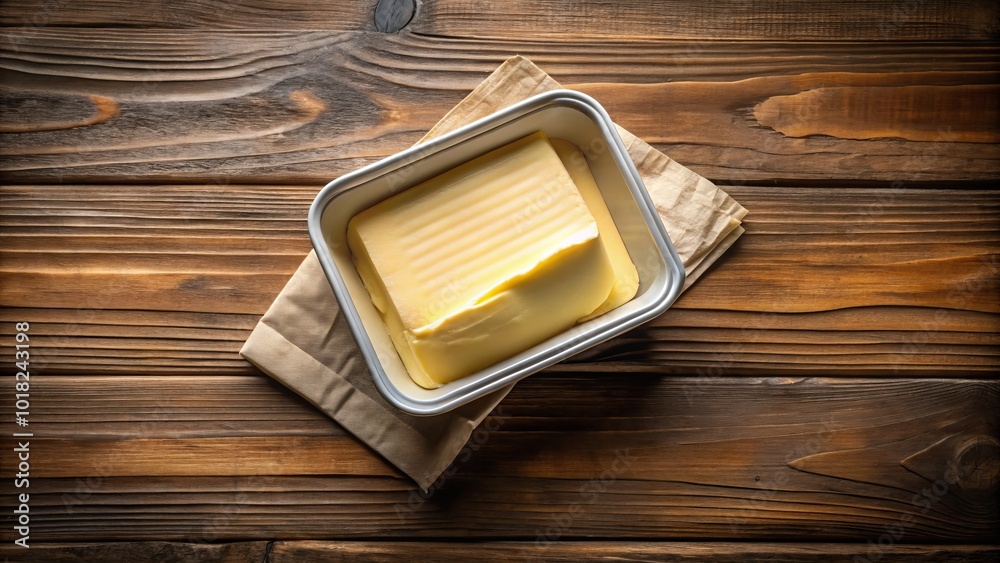 Top-down view of a freshly opened margarine box on a table, capturing ...