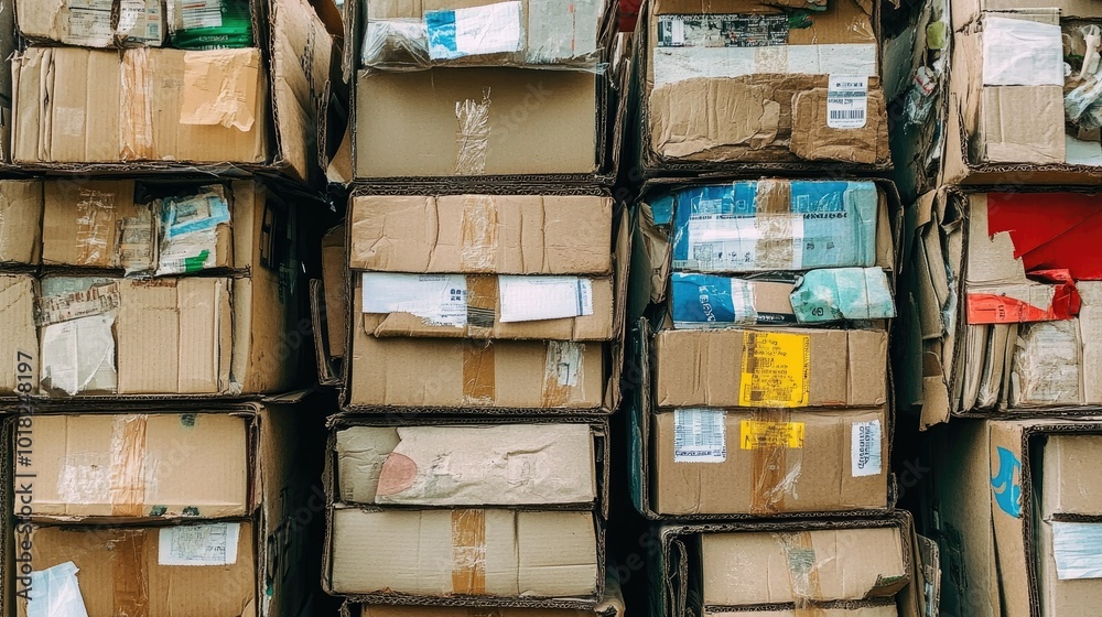 Cardboard boxes stacked in a pile for recycling, with labels and wear ...
