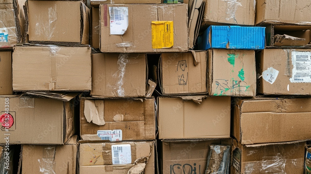 Cardboard boxes stacked in a pile for recycling, with labels and wear ...