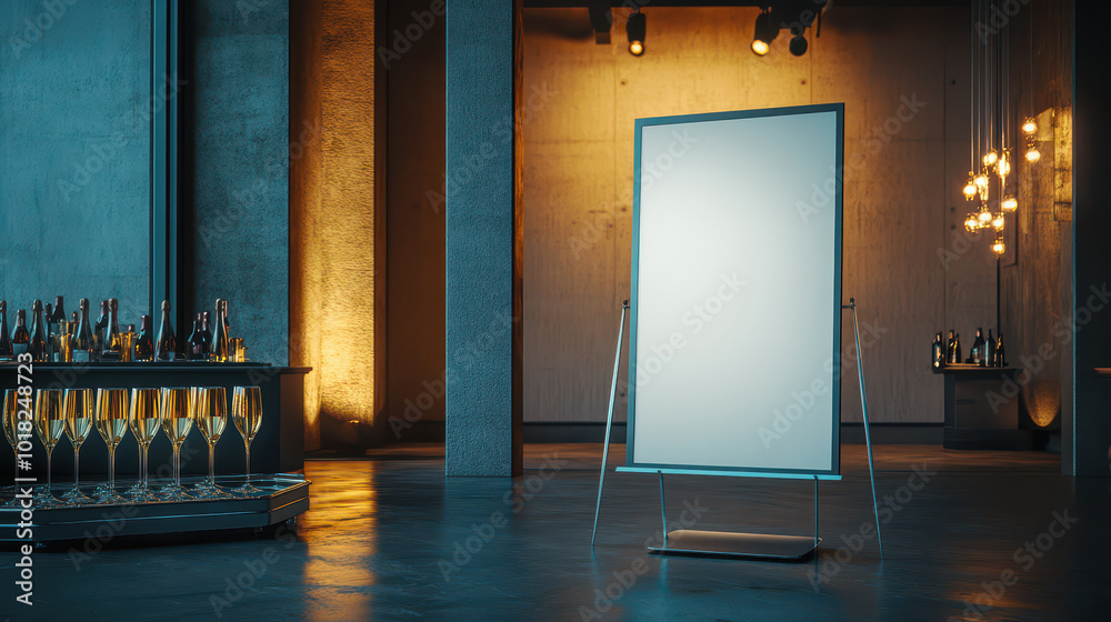 Sophisticated corporate event setup featuring a vertical poster mockup ...
