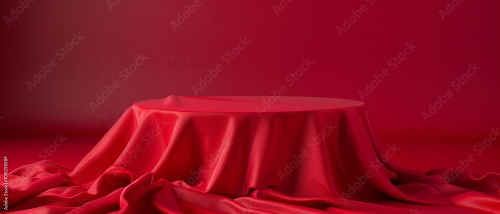 Vibrant red fabric gracefully covers a table, forming soft folds and ...