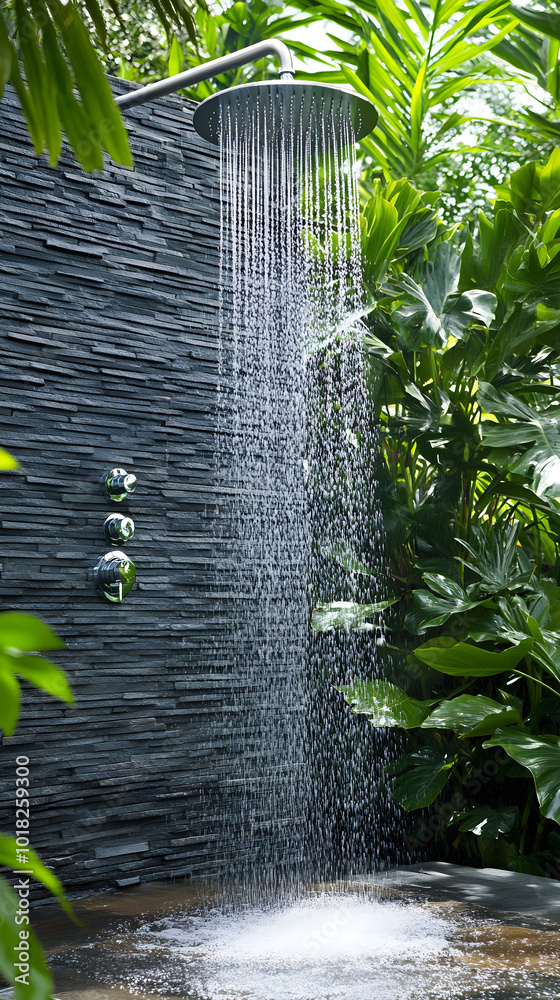 An outdoor shower cascades water over a natural stone backdrop ...