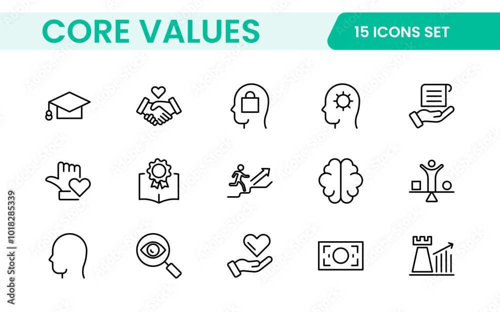 Core Values outline icons set. Core, values, business, leadership ...