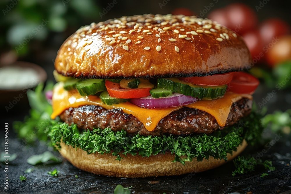 gourmet plantbased burger with melted vegan cheese fresh vegetables and ...