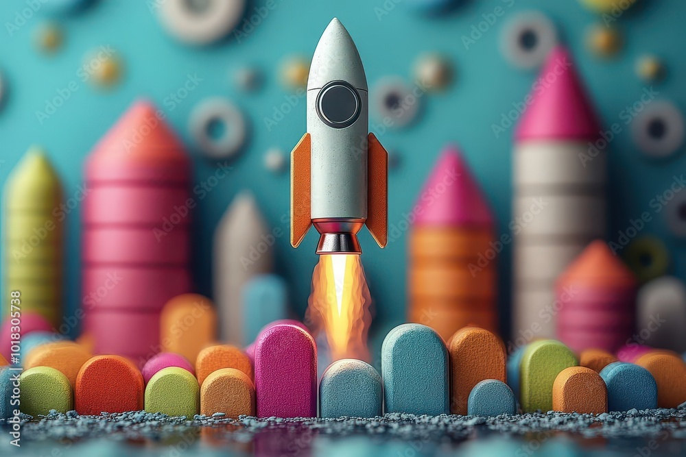 graphical representation of a growing graph bar with a rocket launching ...