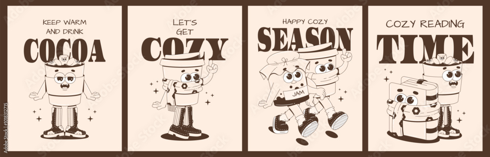 Set of cozy posters for winter and autumn seasons. Retro 70s cards with ...