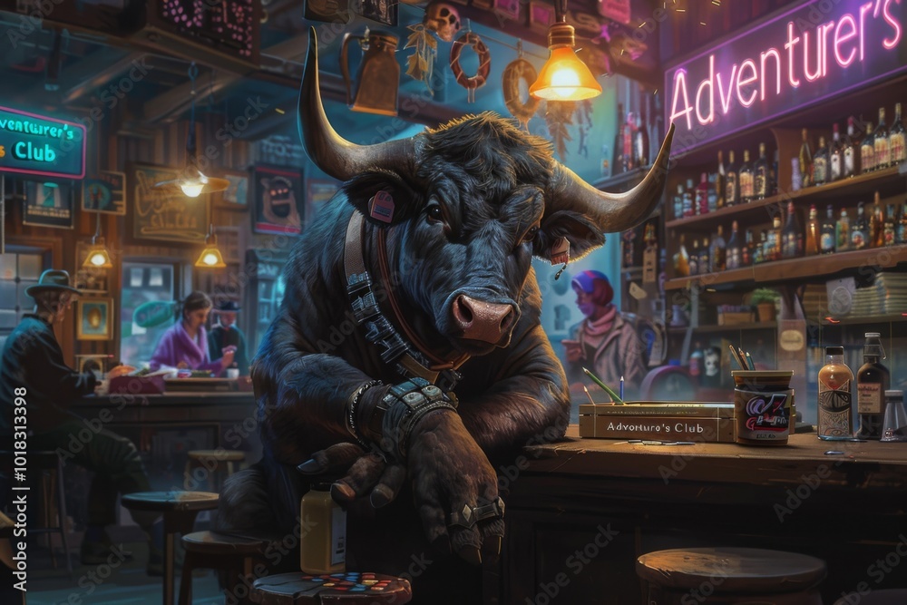 Hyper-realistic bull avatar playing board games in a futuristic ...