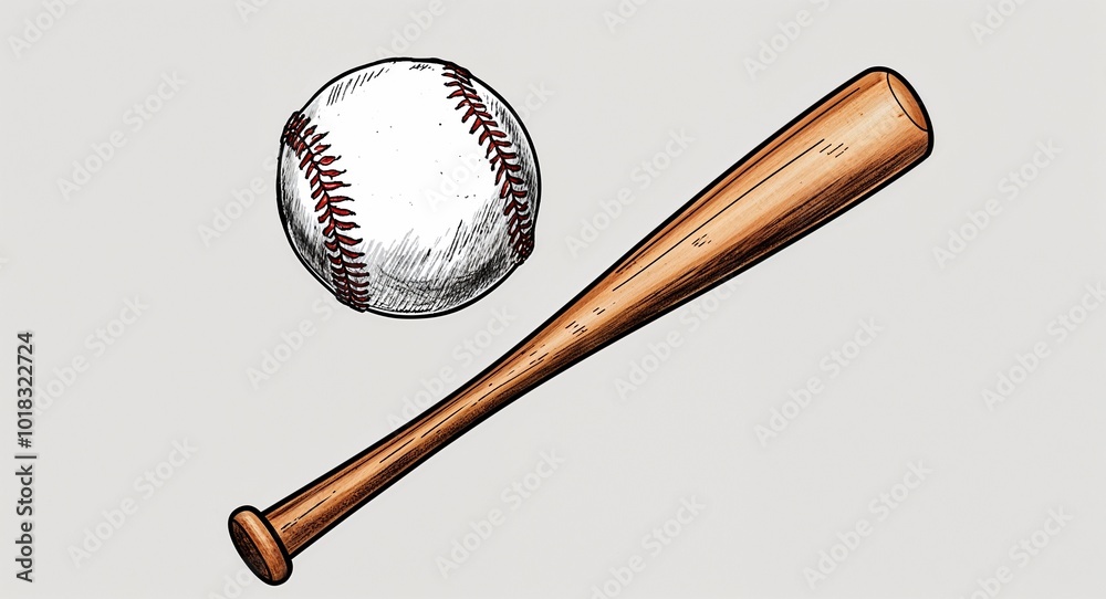 Hand drawing clipart of a baseball and bat on plain white background ...