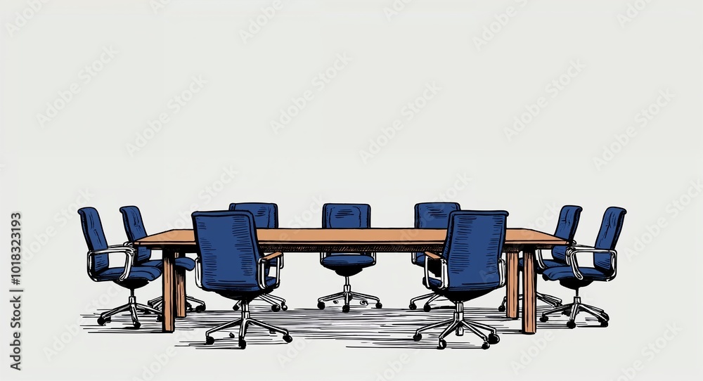 Hand drawing clipart of a boardroom table with chairs on plain white ...