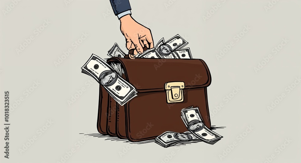 Hand drawing clipart of a briefcase full of cash on plain white ...