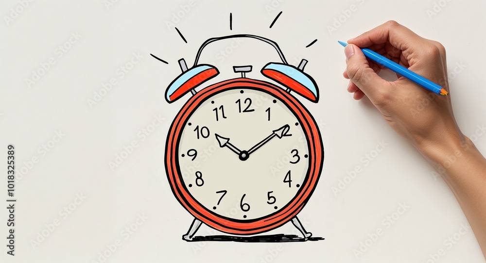 Hand drawing clipart of a clock with alarm bell ringing on plain white ...