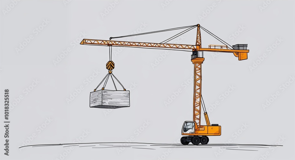 Hand drawing clipart of a construction crane lifting object on plain ...