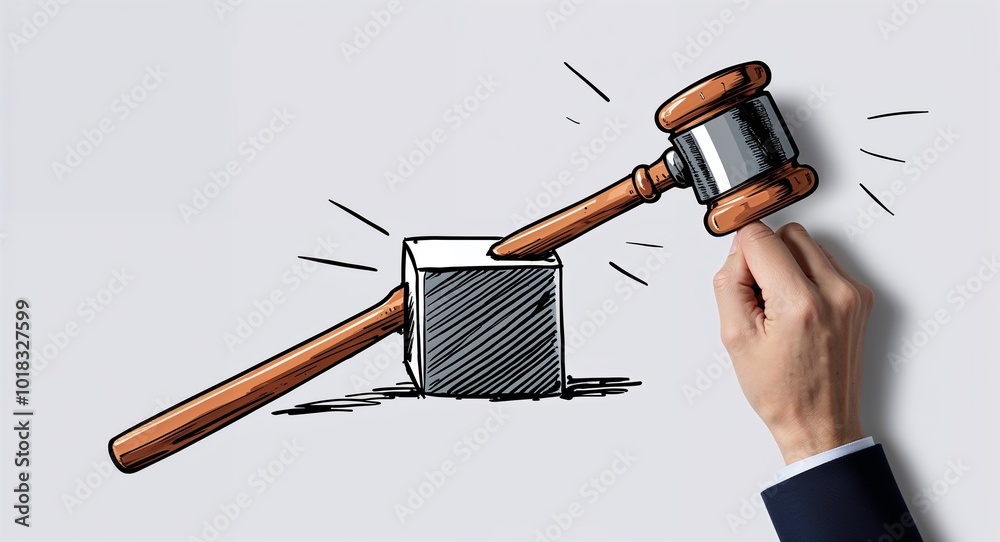 Hand drawing clipart of a gavel hitting sound block on plain white ...