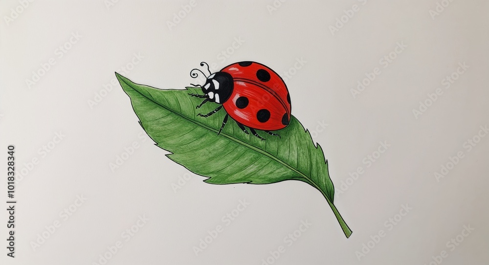 Hand drawing clipart of a ladybug on leaf on plain white background ...