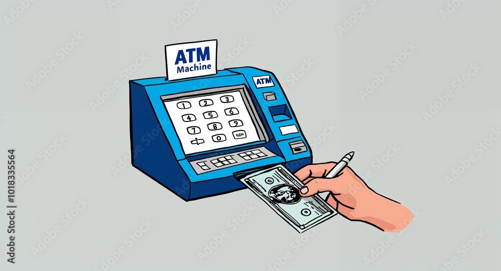 Hand drawing clipart of an ATM machine processing transaction on plain ...