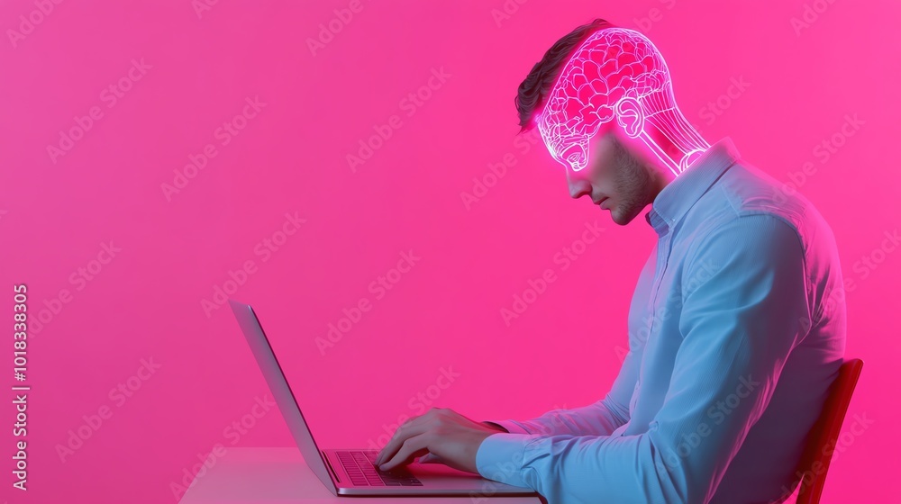 Neon outline of a worker slouched over a laptop, health warning text ...