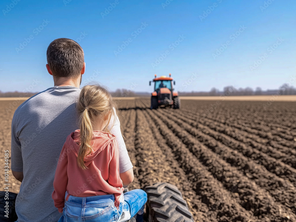 Farmer father riding tractor with his daughter. Girl growing up on ...