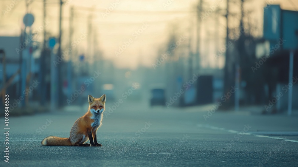 Calm red fox resting peacefully on a quiet urban street at sunrise. A ...