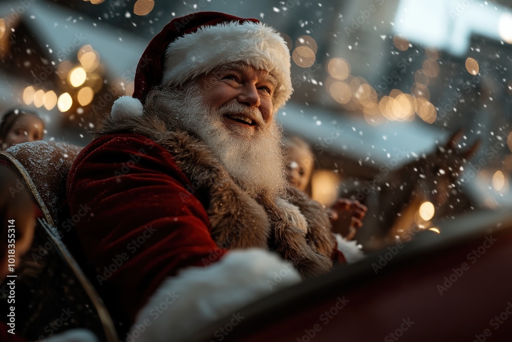 Santa Claus beams happily from his sleigh, enveloped in swirling ...