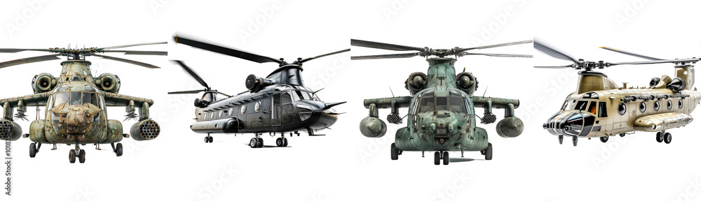 Four different types of military helicopters are shown in a row Stock ...