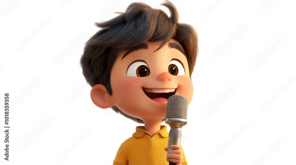 Cute voice actor cartoon character with a big smile, talking into a ...