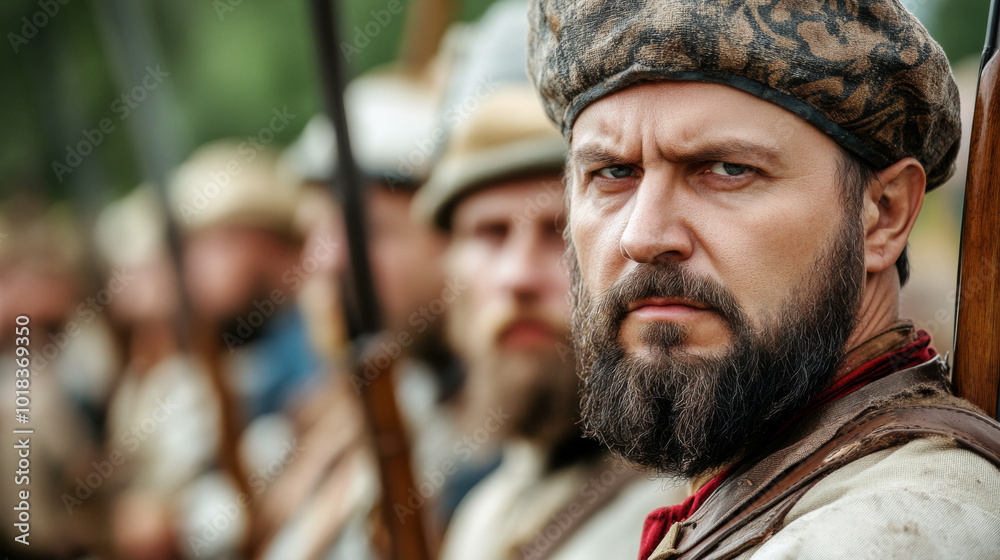 Intense Portrait of Historical Soldiers in Traditional Attire with ...