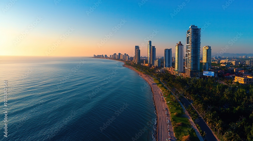 Realistic photo of a coastal city with tall buildings lining the ...