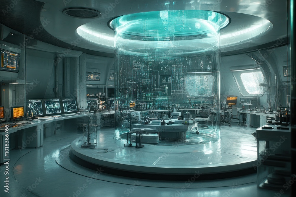 Futuristic control room with a large transparent cylinder in the center ...