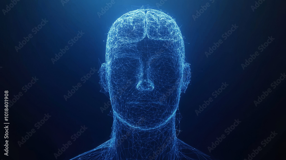 A glowing, 3D human head and brain, made up of simple shapes, stands ...