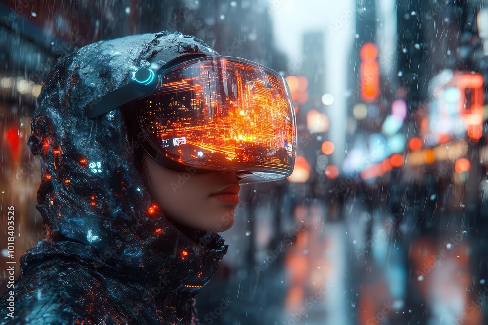 immersive ar cityscape user wearing sleek vr headset holographic ui ...