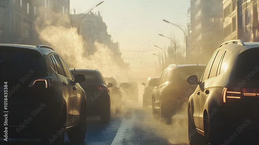 A stark image of a car emitting exhaust fumes in a congested traffic ...