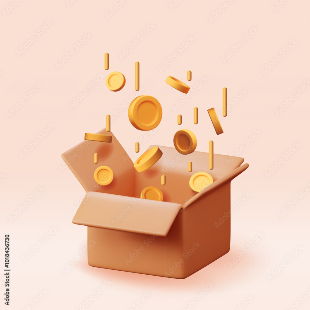 3D cardboard box with gold coins inside isolated. Render open carton ...