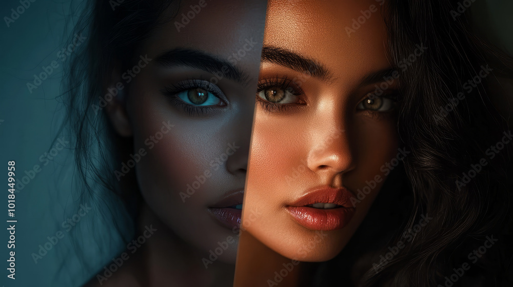 A photo retouching session showing a portrait before and after editing ...
