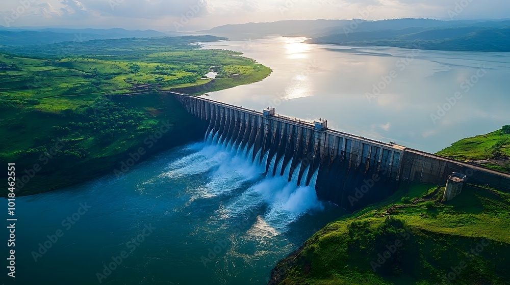 Majestic dam standing tall holding back a vast shimmering reservoir of ...