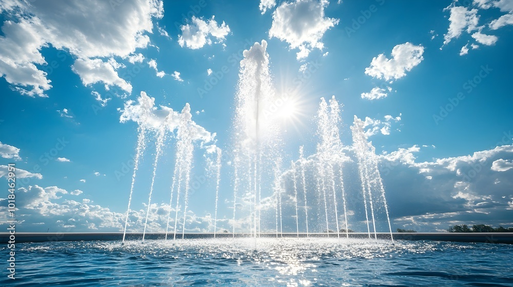 Majestic water jet fountain shooting high into the clouded sky ...