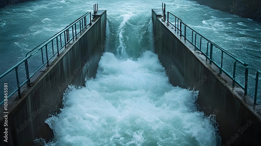 Turbulent waters crashing through the gates of a hydroelectric dam ...