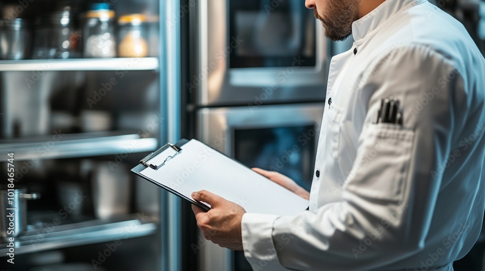 Chef in white uniform conducting inventory check in commercial kitchen ...