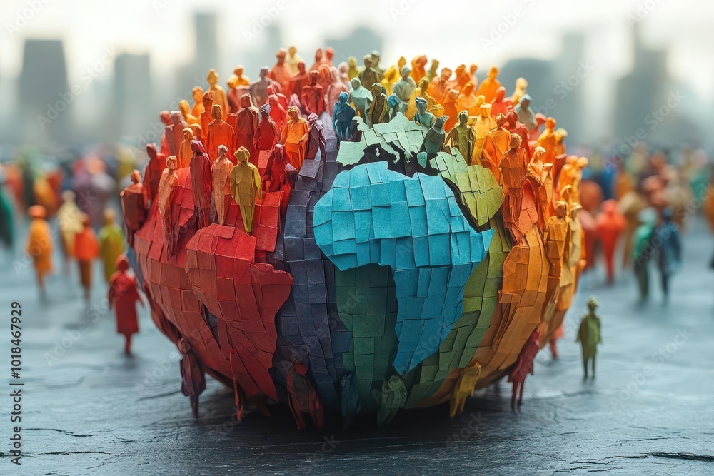 intricate origamistyle paper sculpture depicting a diverse crowd of ...