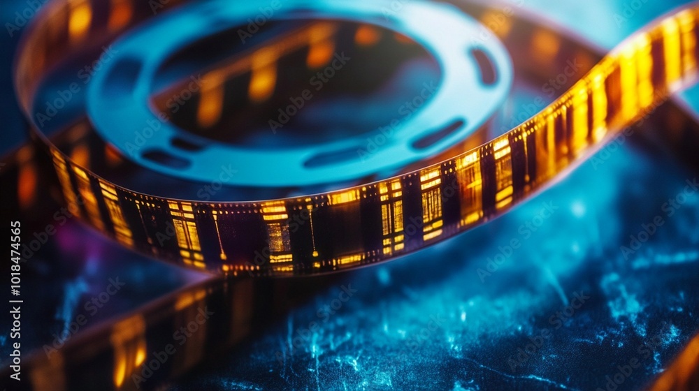 Vintage film reel illuminated with warm golden light, contrasting ...