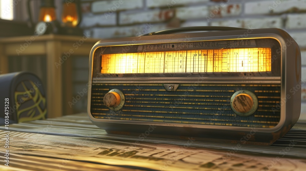 Vintage radio with glowing dial emitting static and crackling sounds on ...