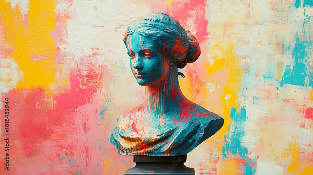 Old statue bust with graffiti and vibrant paint applied on a light ...
