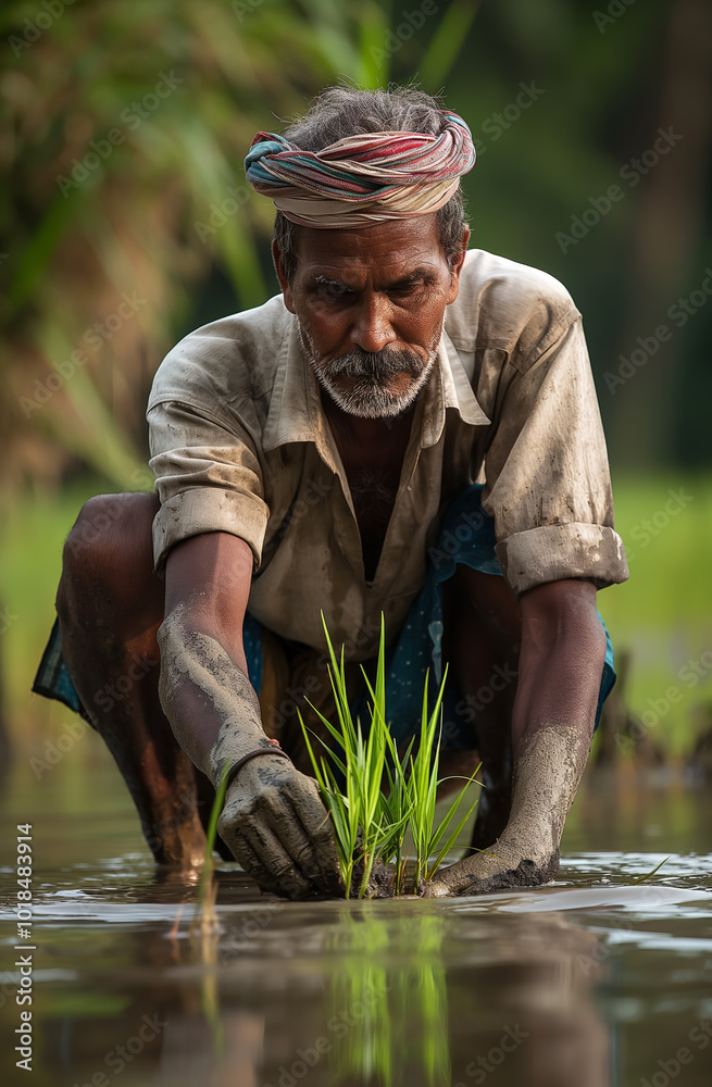 Indian Farmer Planting Rice Seedlings in Water, Showcasing Traditional ...