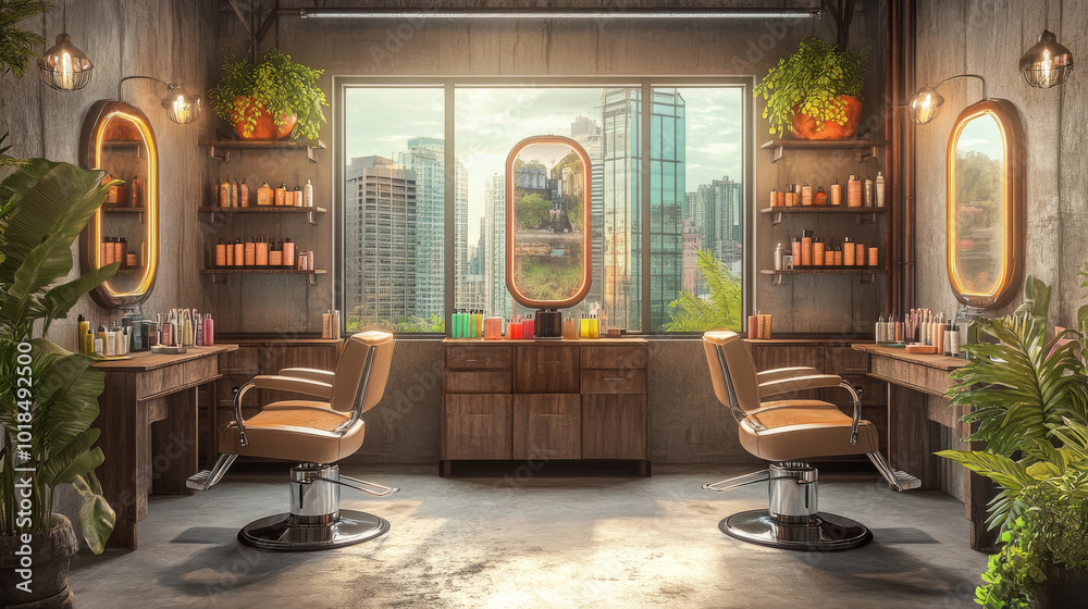 A comfortable beauty salon with spinning chairs and a line of mirrors ...