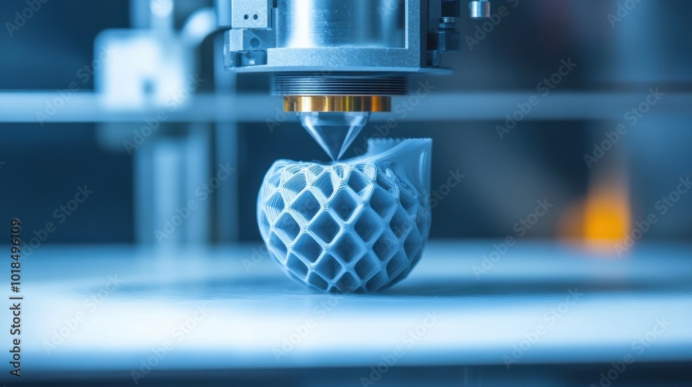 A close-up of a 3D printer in action, printing a complex object layer by layer with precision ...